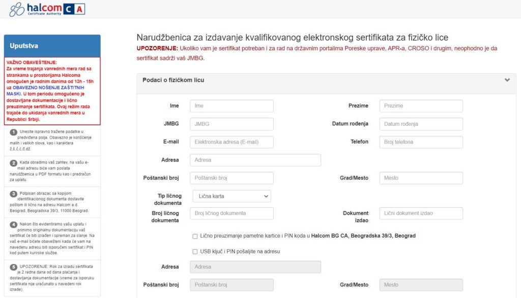 Naručivanje kvalifikovanog elektronskog sertifikata za fizičko lice ...